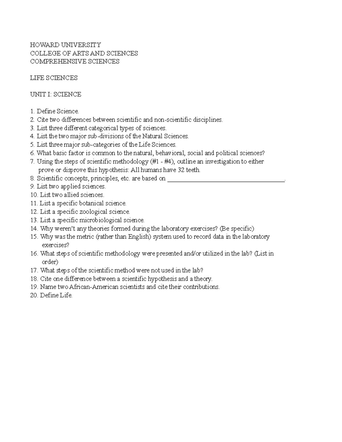 Unit 1 - Science - HOWARD UNIVERSITY COLLEGE OF ARTS AND SCIENCES ...