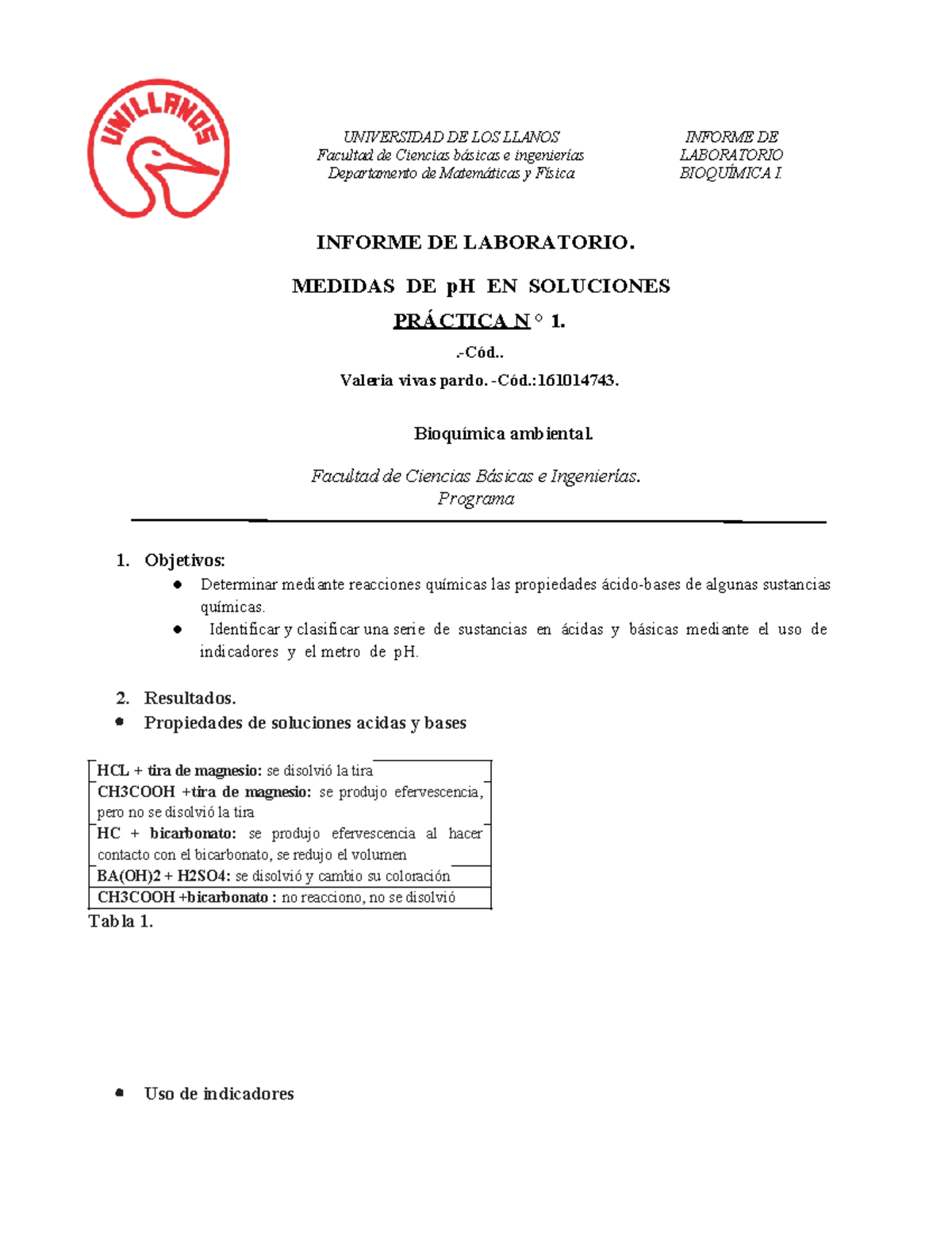 Bioquimica ph - informe practica - UNIVERSIDAD DE LOS LLANOS Facultad de Ciencias básicas e ...