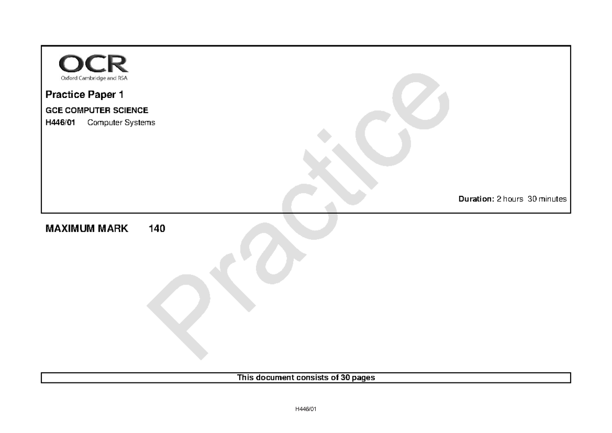 H446 01 mark scheme set 1 - H446/ Practice Paper 1 GCE COMPUTER SCIENCE H446/0 1 Computer ...