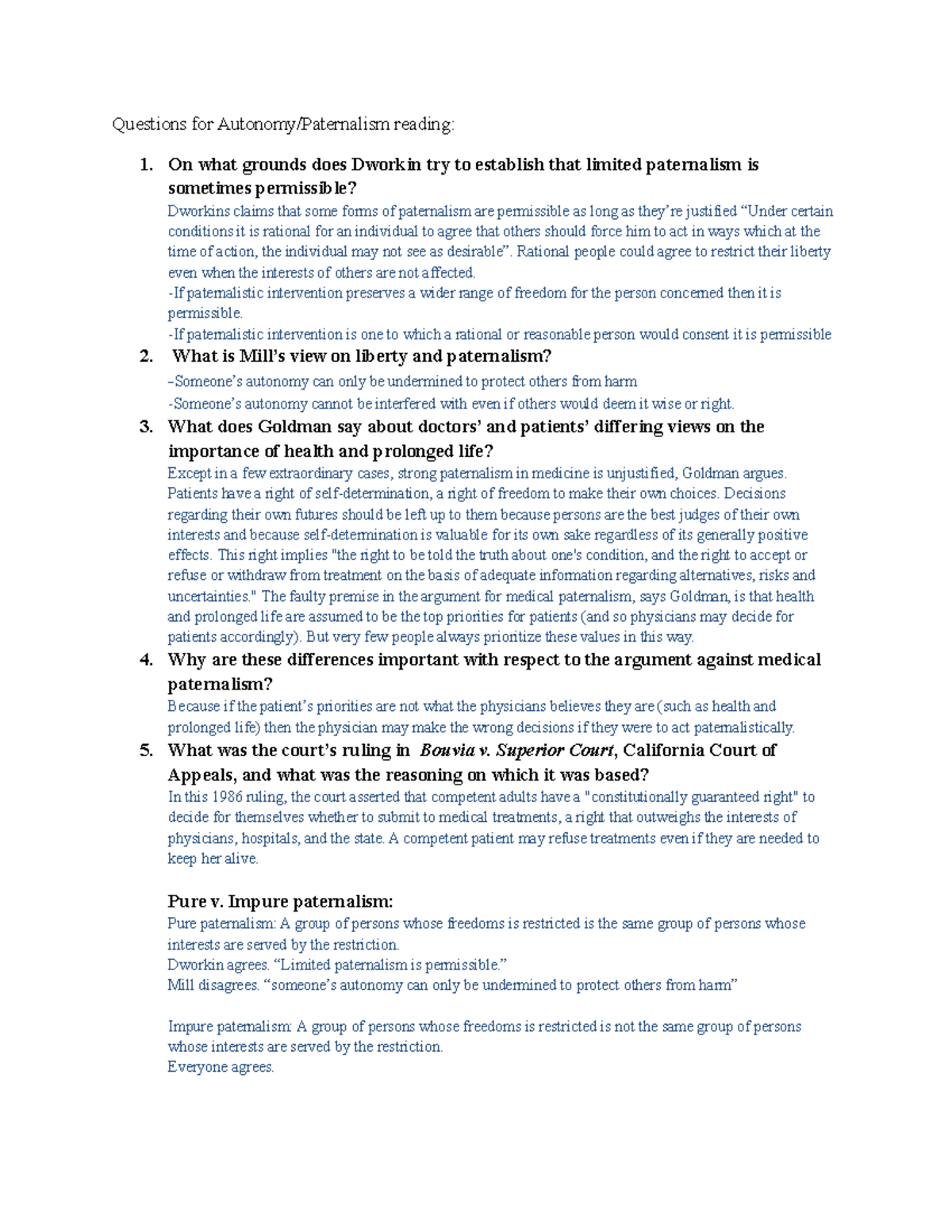Questions for Autonomy - Questions for Autonomy/Paternalism reading: 1 ...