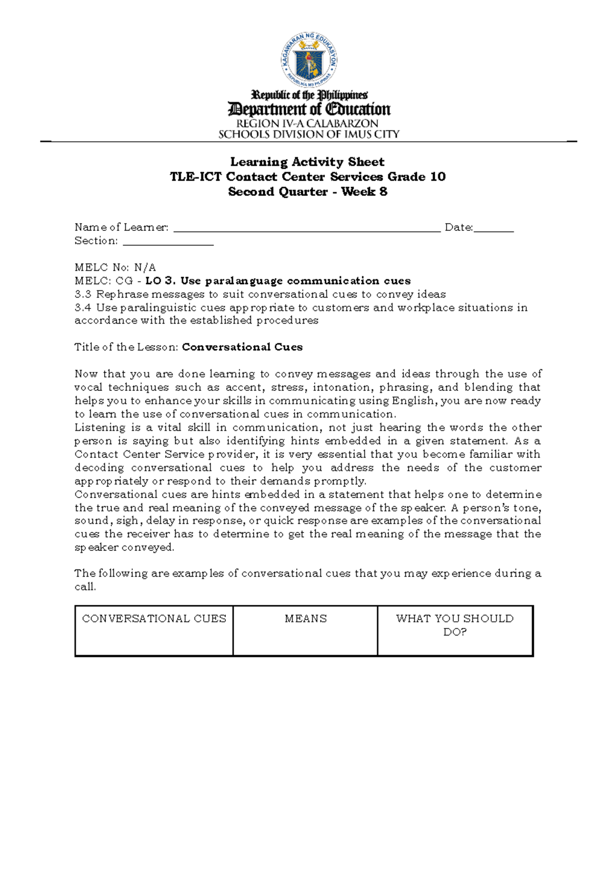 TLE-CCS G10 Q2 W8 LAS - For educational use - Learning Activity Sheet TLE-ICT Contact Center ...