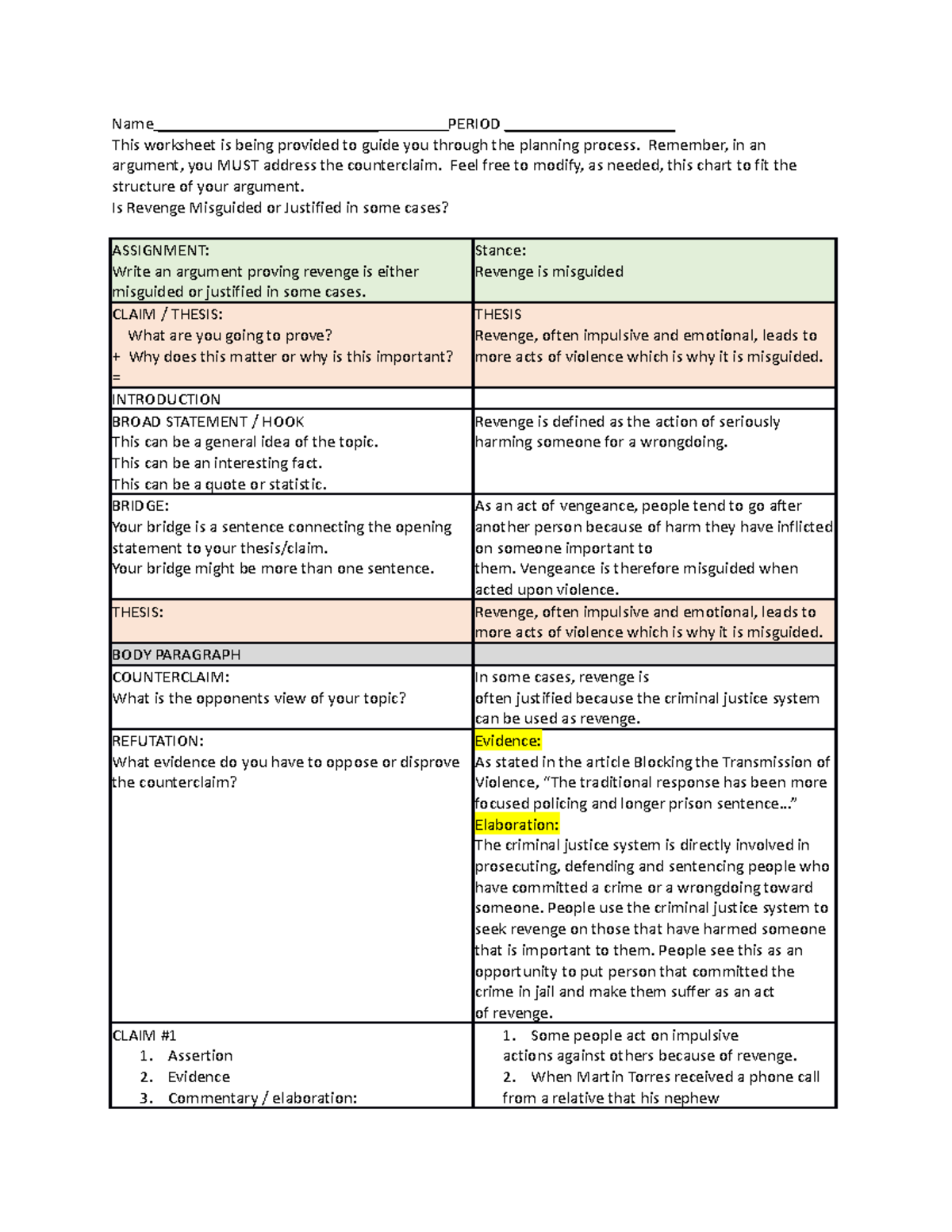 Revenge argument planner - Name __________________________ PERIOD ...