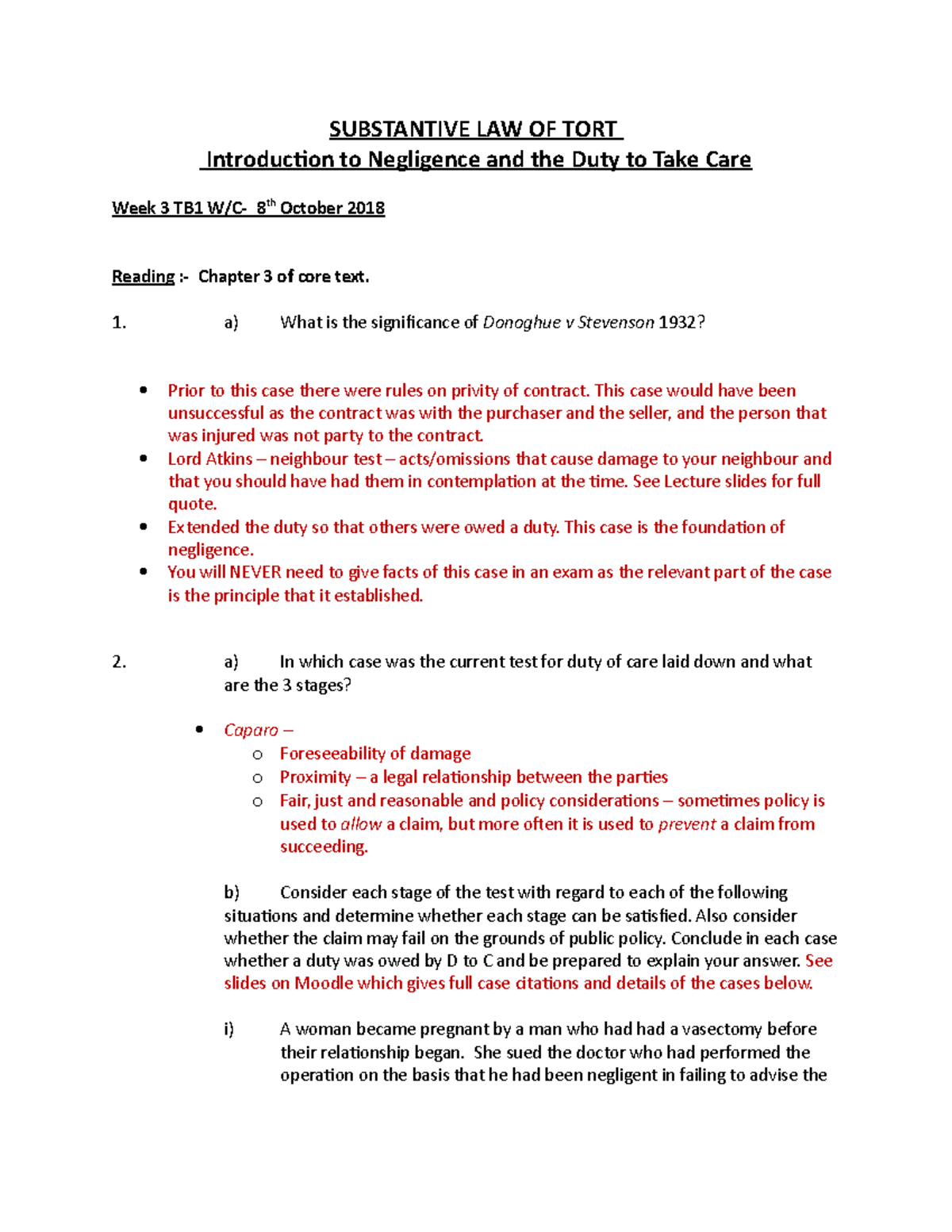 Lecture Student Notes - SUBSTANTIVE LAW OF TORT Introduction to ...