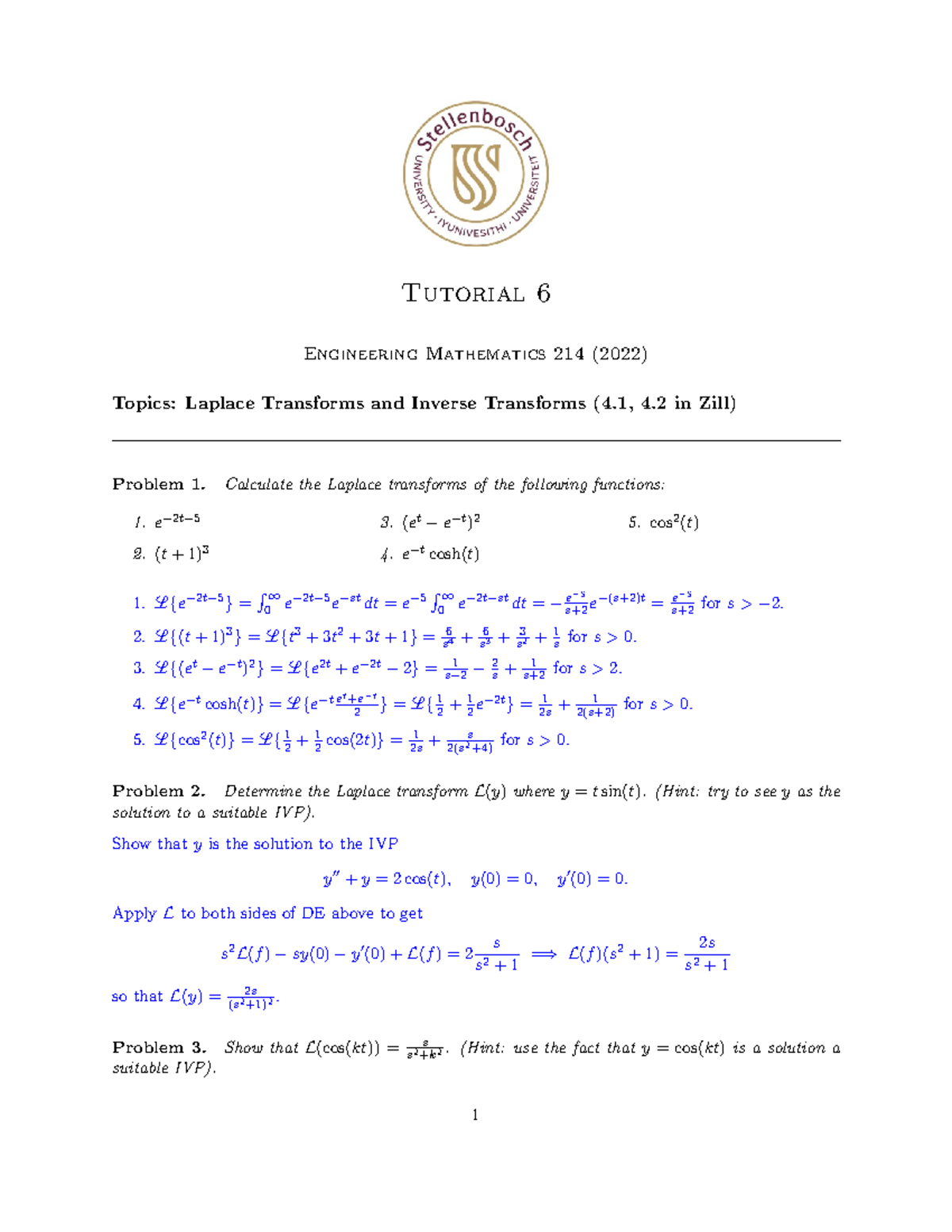 Memo6 Tut Memo Tutorial 6 Engineering Mathematics 214 2022 Topics Laplace Transforms And