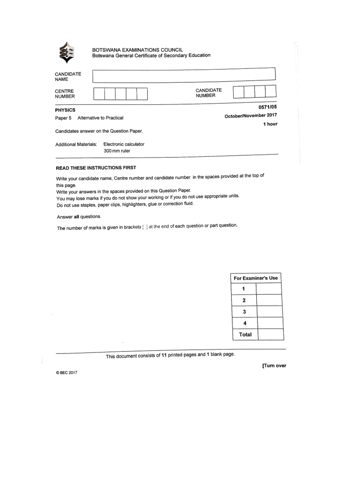 Bgcse Physics Paper 5 2017 - BOTSWANA EXAMINATIONS COUNCIL Botswana ...