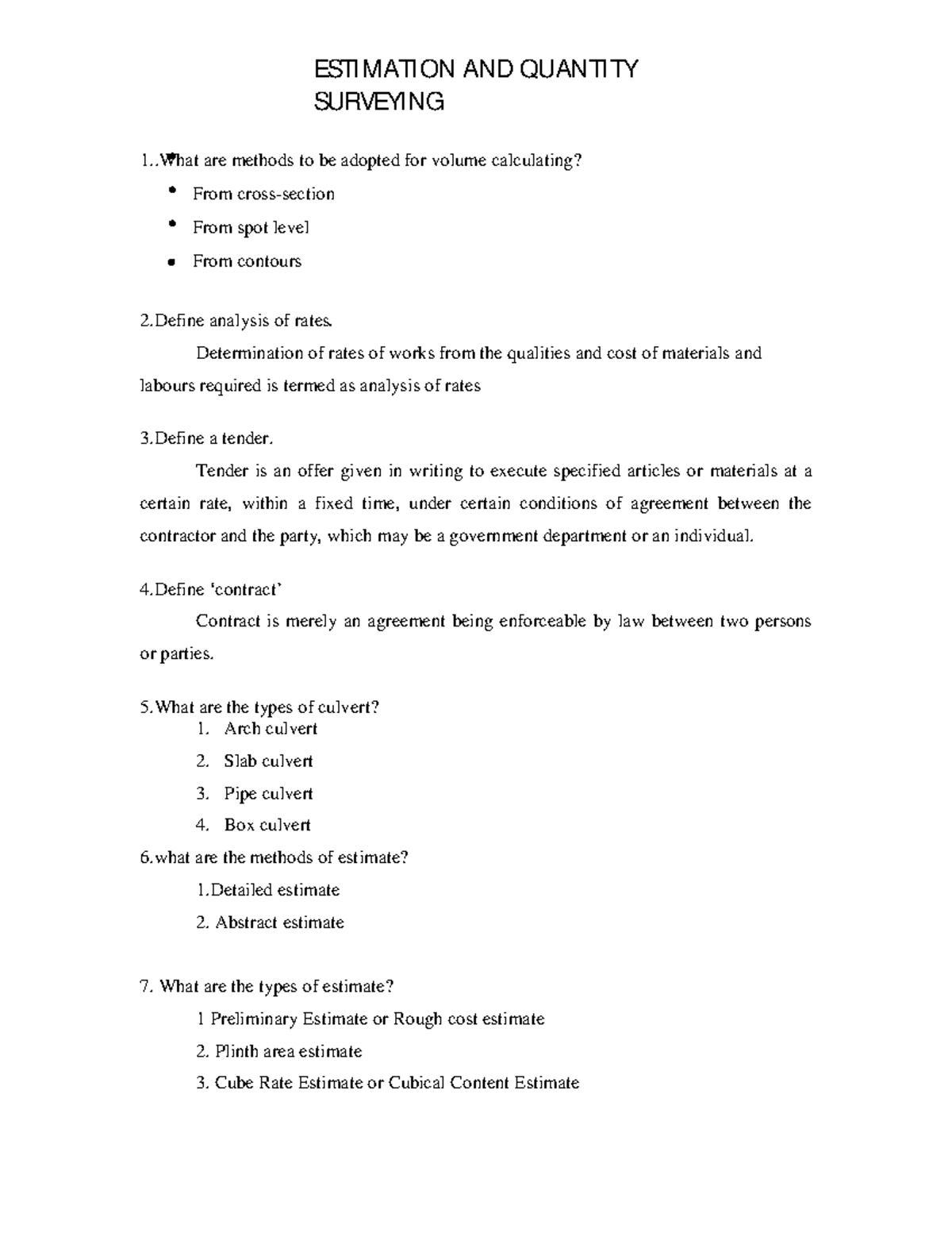 6 Estimation and costing Important 2 mark questions - • • • 2 analysis ...