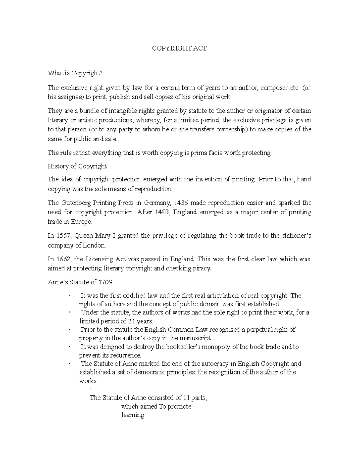 Copyright ACT - COPYRIGHT ACT What is Copyright? The exclusive right ...