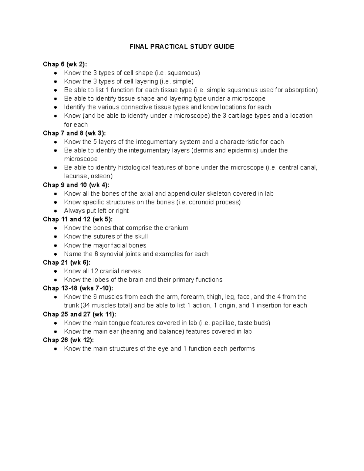 BIO 201L Final Practical Study Guide - FINAL PRACTICAL STUDY GUIDE Chap ...
