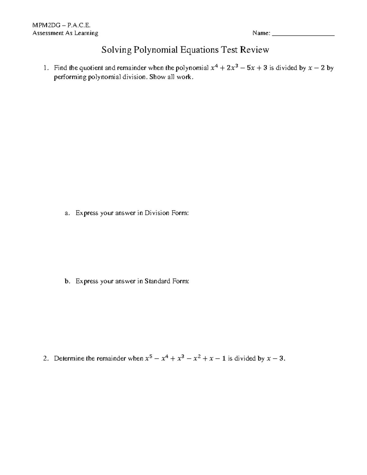Solving Polynomials Test Review 2020 - MPM2DG – P.A.C. Assessment As ...