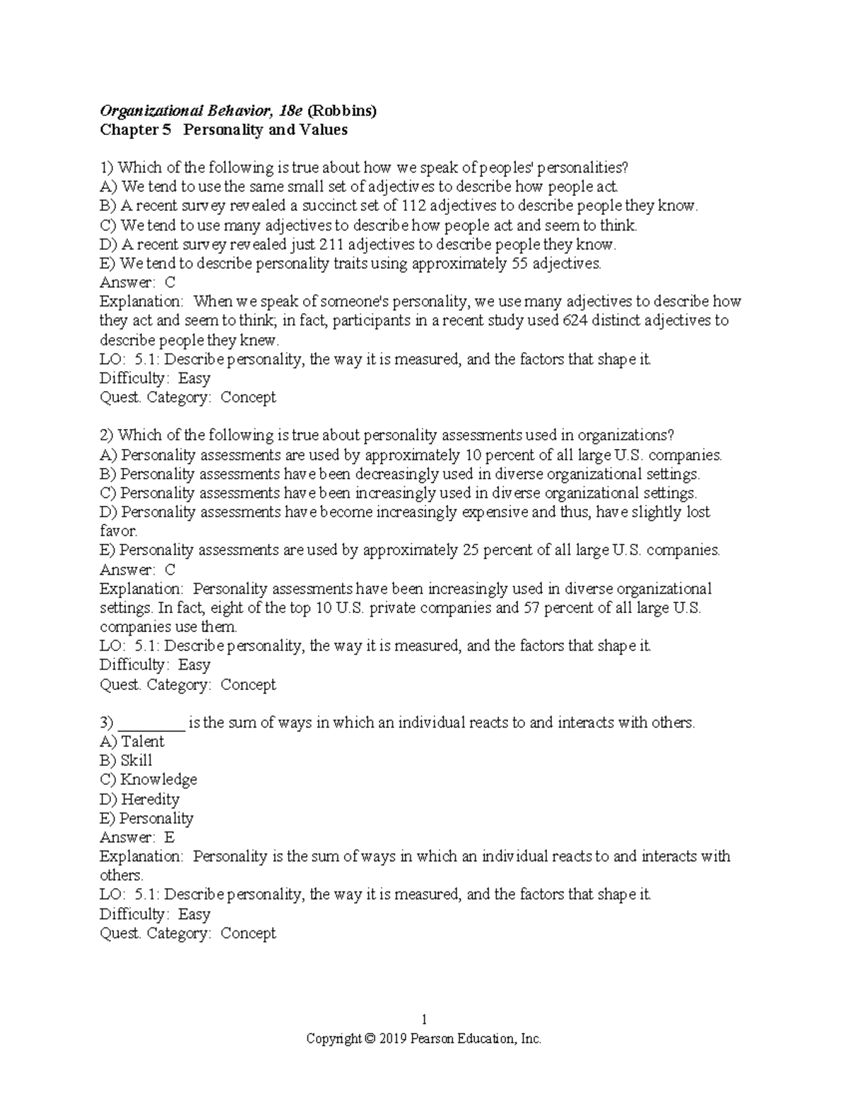 Chapter 5 - test bank - Organizational Behavior, 18e (Robbins) Chapter ...