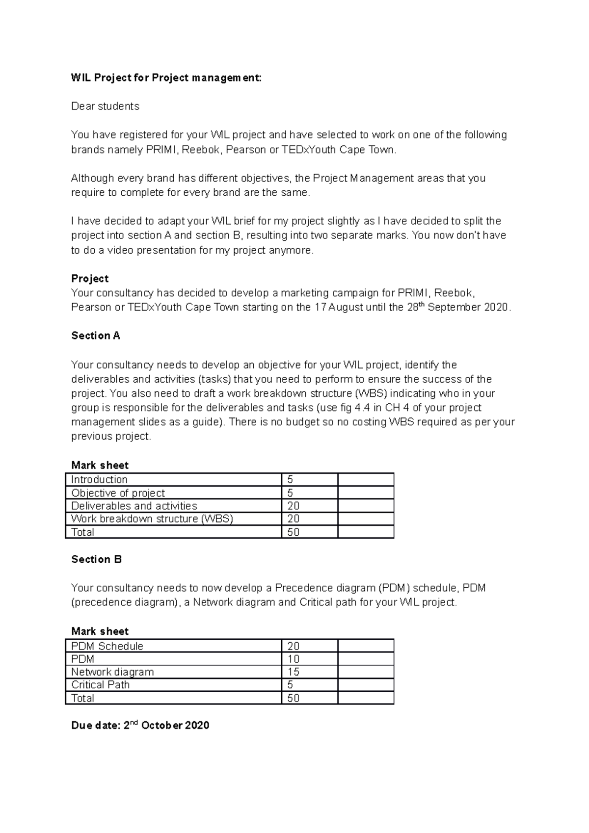 WIL Project for Project management 2020 - WIL Project for Project ...