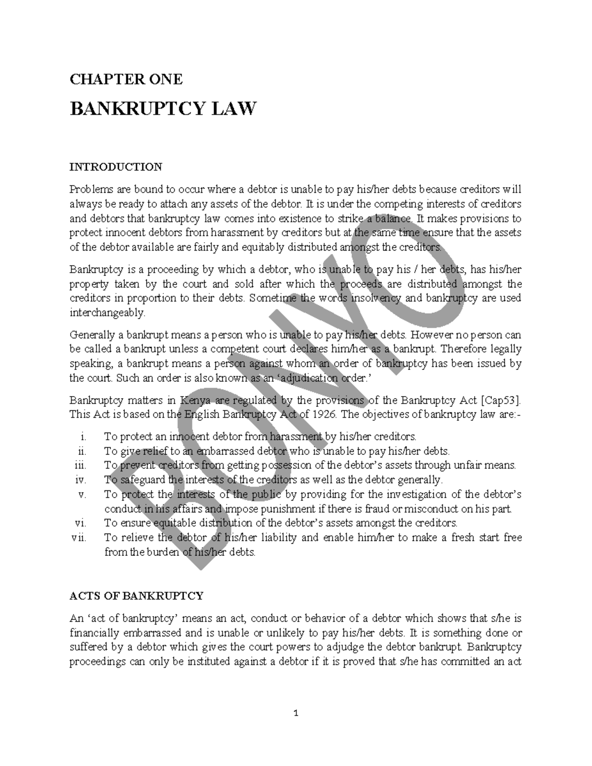 DCM 215 Business LAW Notes - CHAPTER ONE BANKRUPTCY LAW INTRODUCTION ...