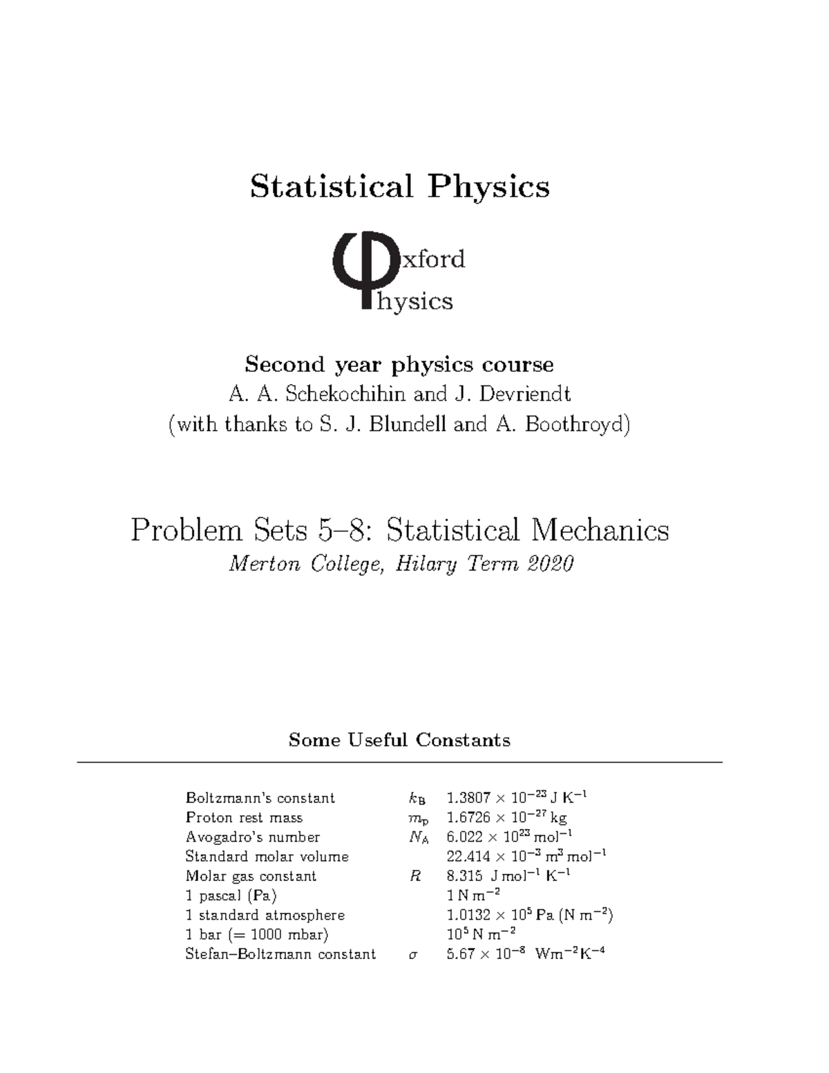 A1Problem Sets HT20 - Statistical Mechanics problems - Statistical ...