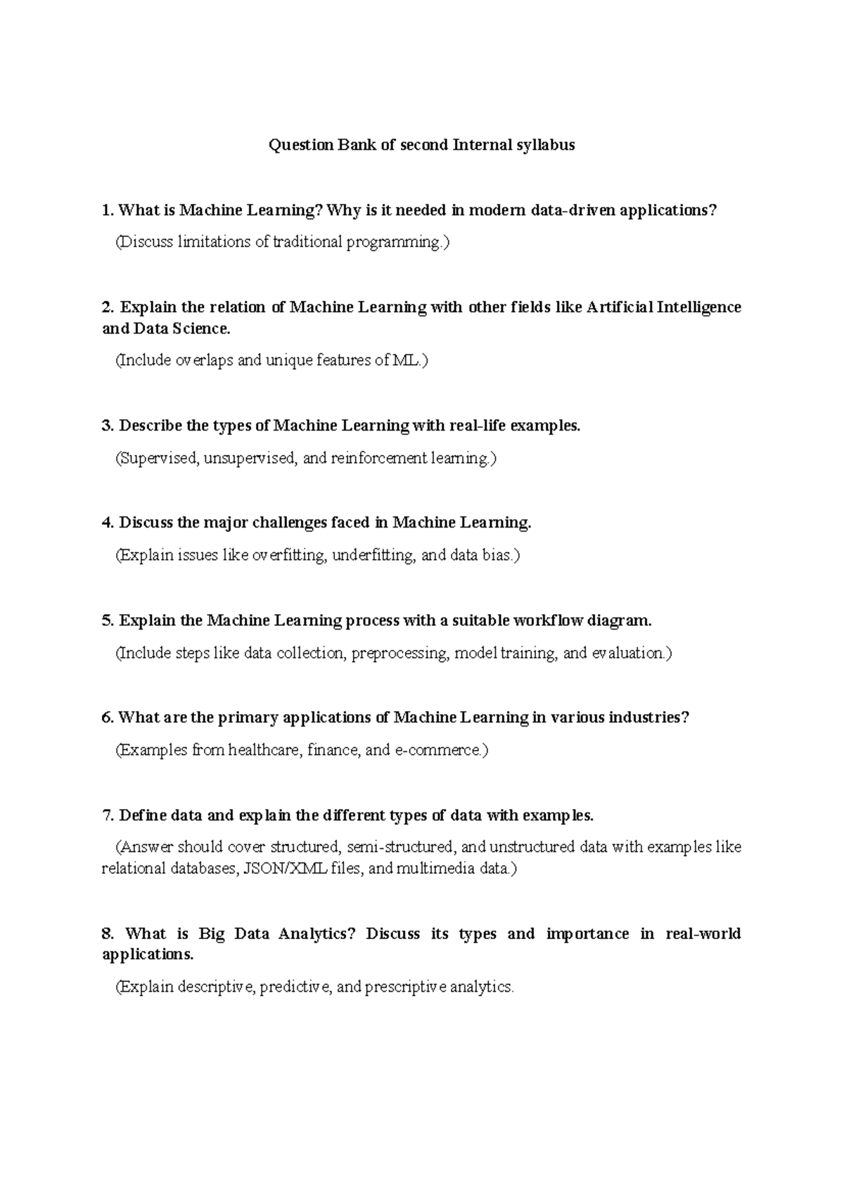 Question Bank Intro AIML Modules IA2 - Question Bank of second Internal syllabus What is Machine ...