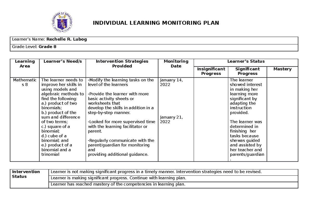 ILMP Ramis - ILMP - INDIVIDUAL LEARNING MONITORING PLAN Learner’s Name ... ILMP Ramis - ILMP - INDIVIDUAL LEARNING MONITORING PLAN Learner’s Name ...