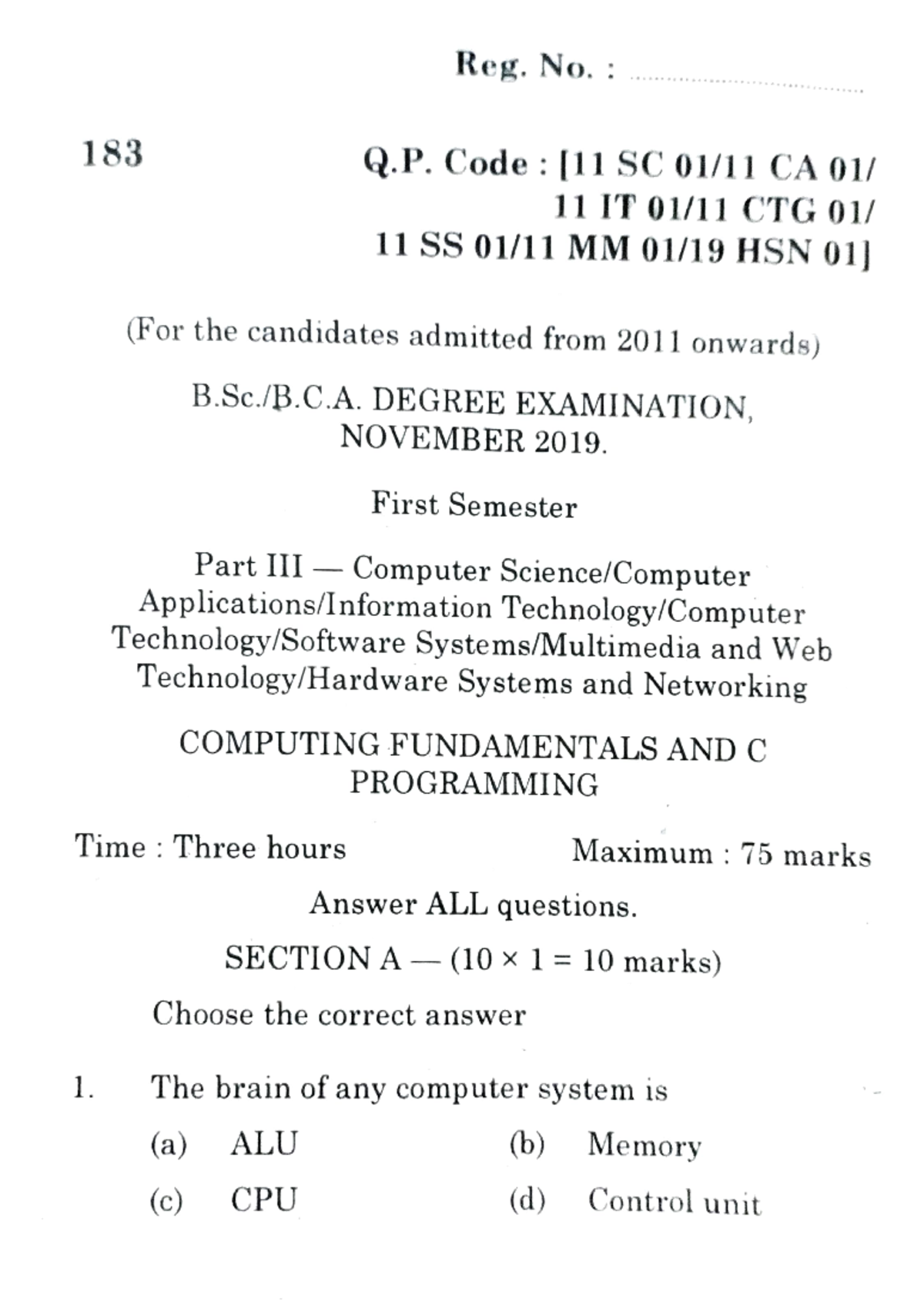 Qp-nov 2019 - 22-23 - Reg. No. : 183 Q. Code: [11 SC 01/11 CA 01/ 11 IT 01/11 CTG 01/ 11 SS 01/ ...