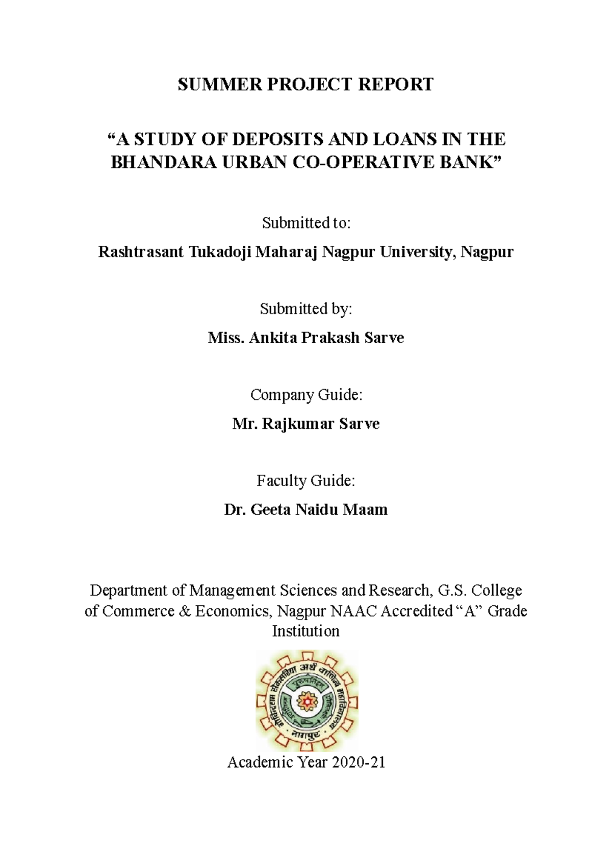 Summer Project Report - SUMMER PROJECT REPORT “A STUDY OF DEPOSITS AND ...