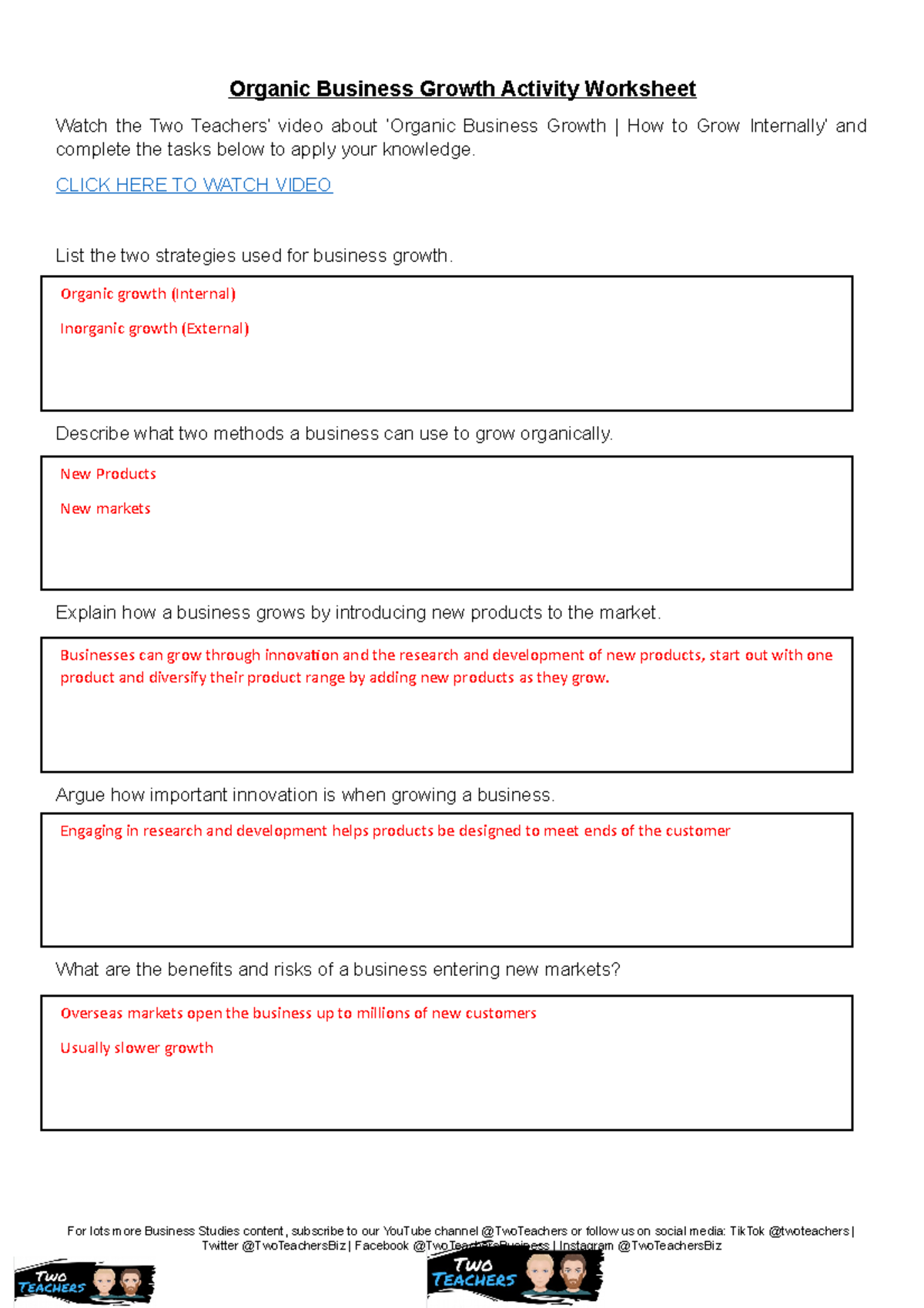 Organic Business Growth Worksheet - Organic Business Growth Activity ...