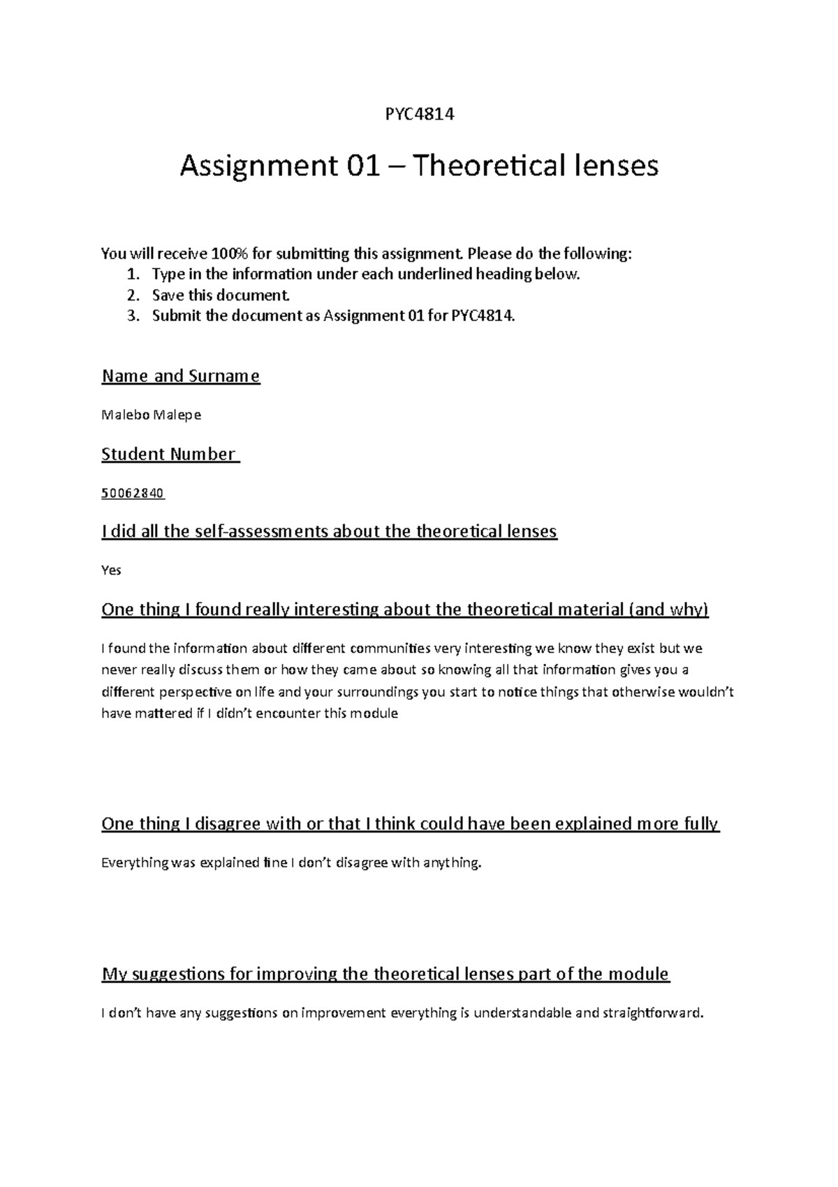 ASSIGNMENT ONE MANDATORY ASSIGNMENT - PYC Assignment 01 – Theoretical ...