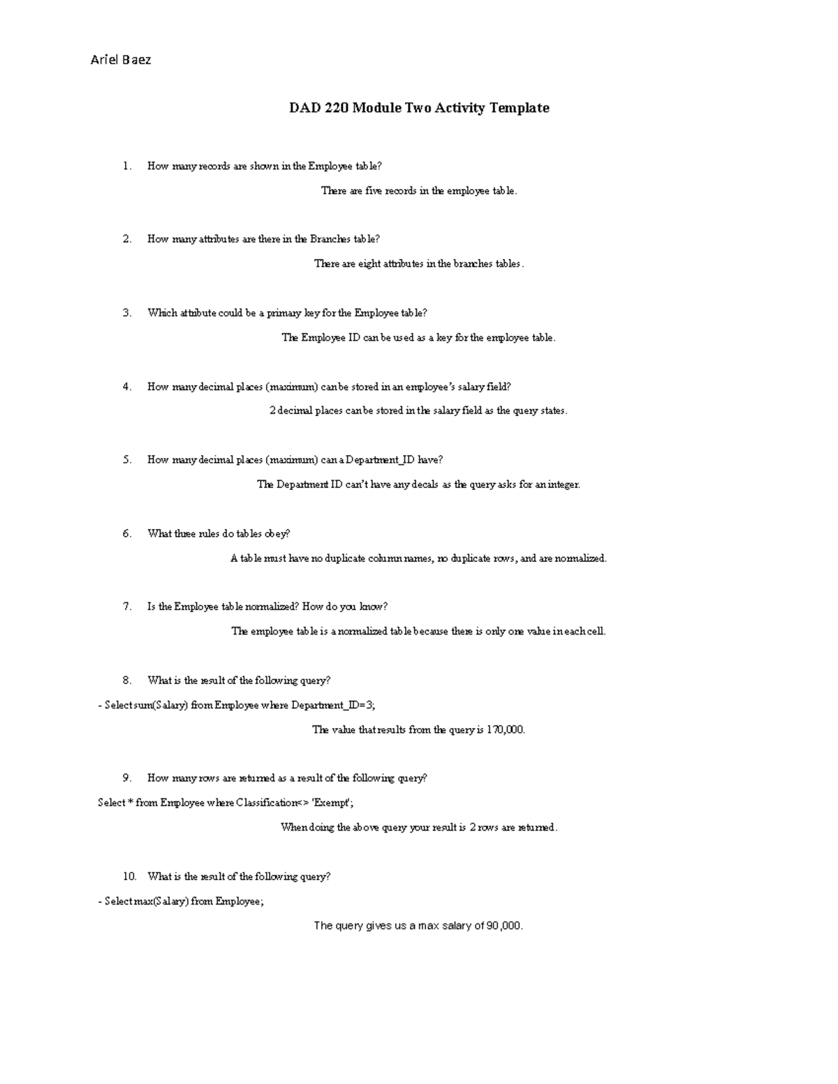 Dad Lab 2 Lab Assignment Ariel Baez Dad 220 Module Two Activity Template How Many Records