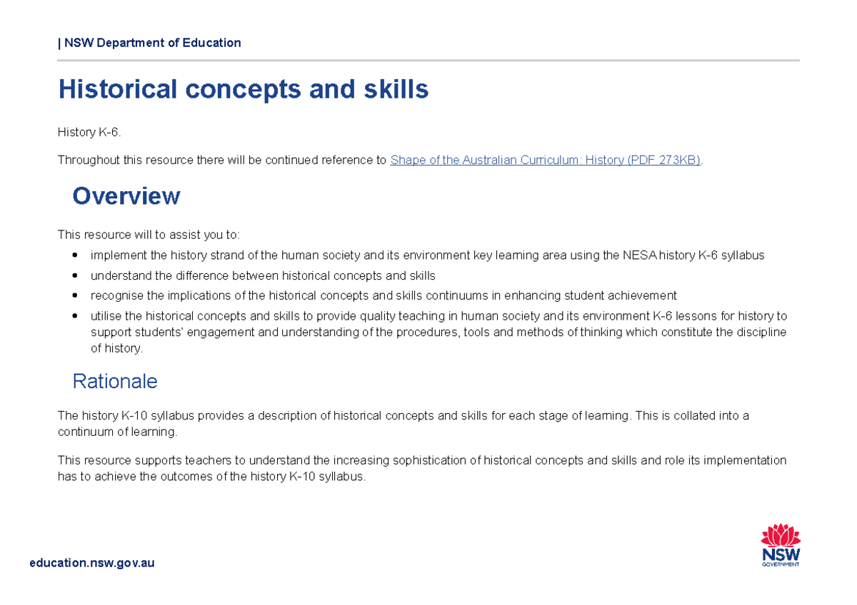 History historical concepts and skills es1 s1 s2 s3 - | NSW Department ...