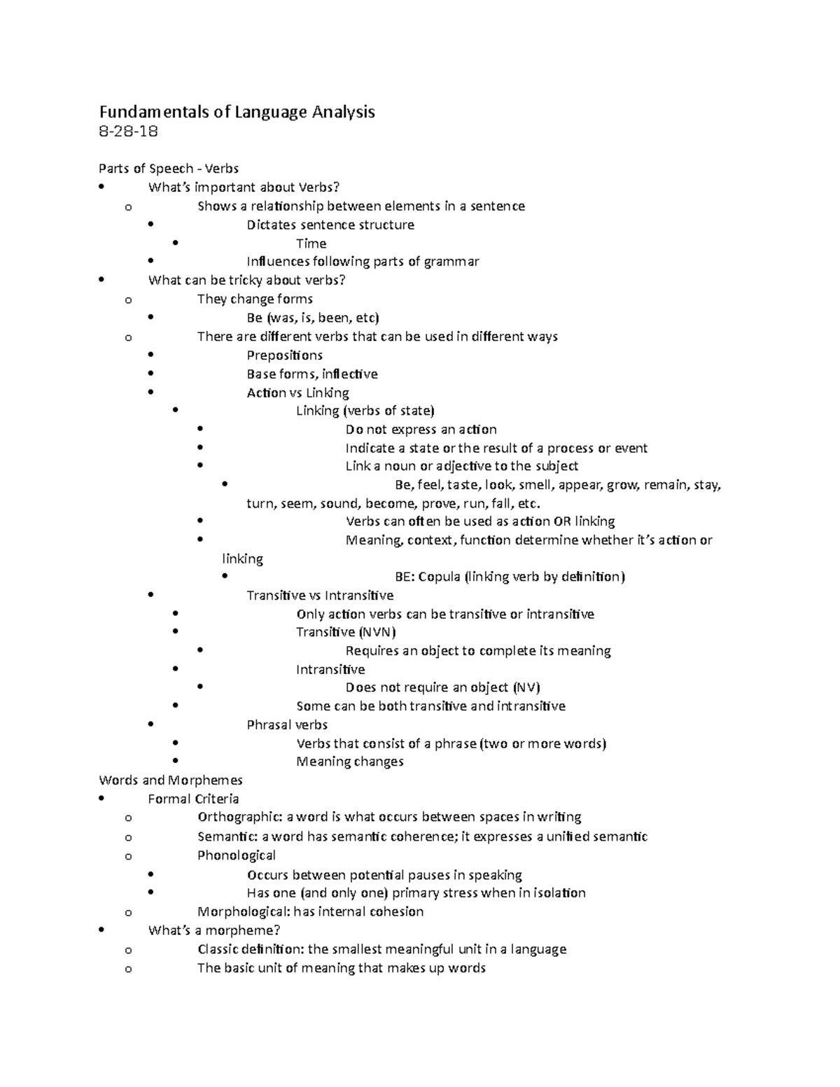 Verbs - 8-28 - Lecture notes 3 - Fundamentals of Language Analysis ...