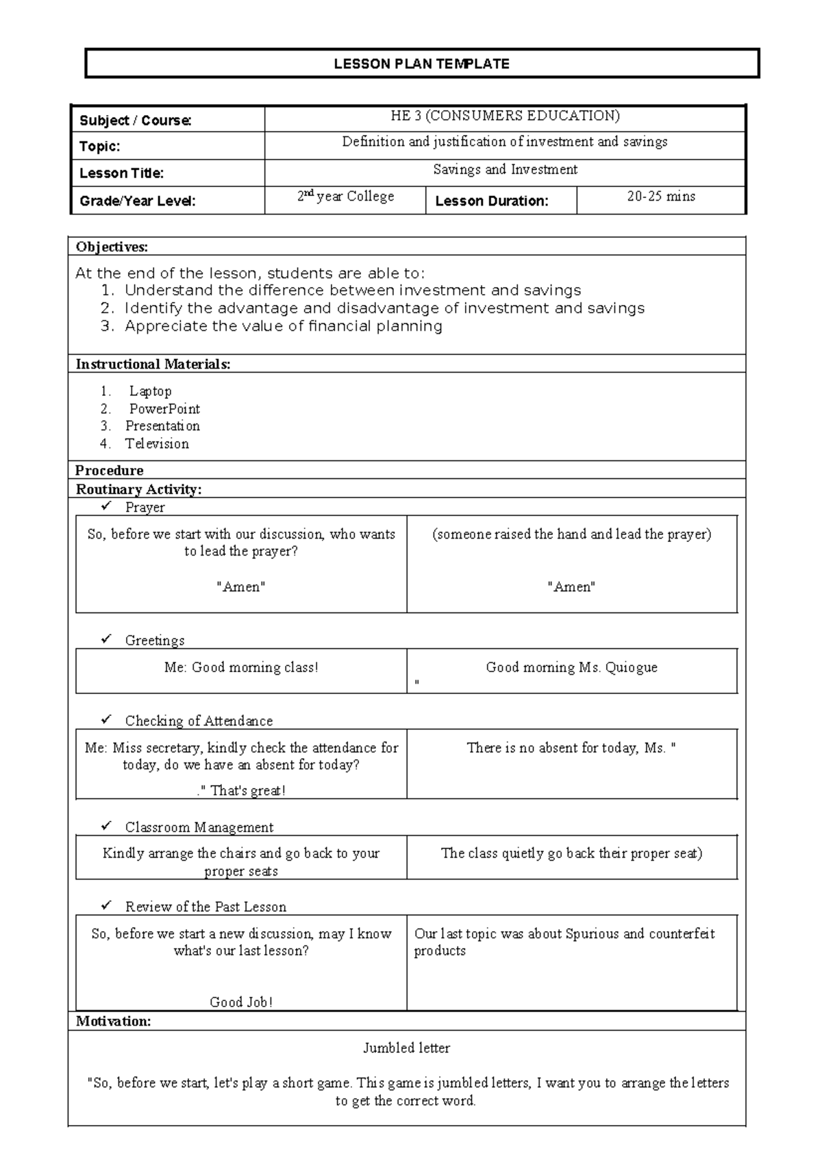 Sample-lesson-plan - LESSON PLAN - LESSON PLAN TEMPLATE Subject ...