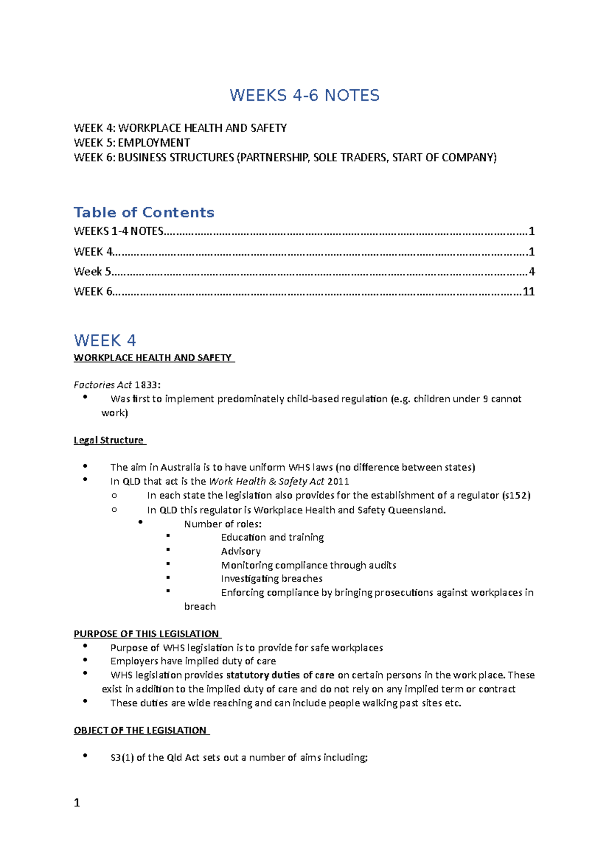 Week 4-6 revision - WEEKS 4-6 NOTES WEEK 4: WORKPLACE HEALTH AND SAFETY ...