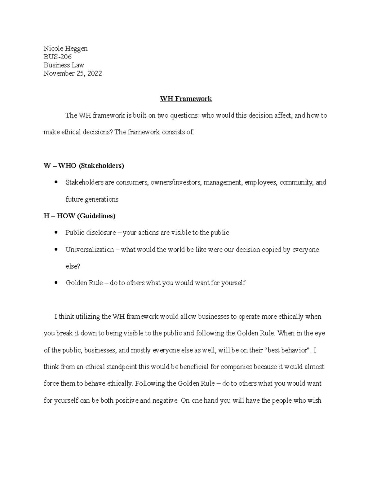 Project 2 - WH Framework - Nicole Heggen BUS- Business Law November 25 ...