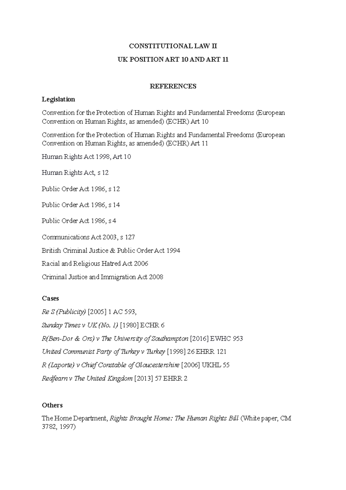 Constitutional LAW UK Art 10 and Art 11 References - CONSTITUTIONAL LAW ...