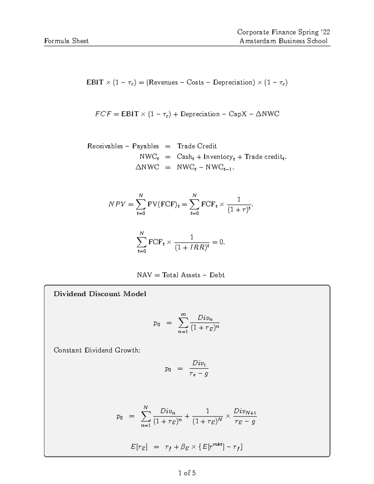 Formula Sheet - Samenvatting Corporate Finance - Formula Sheet ...