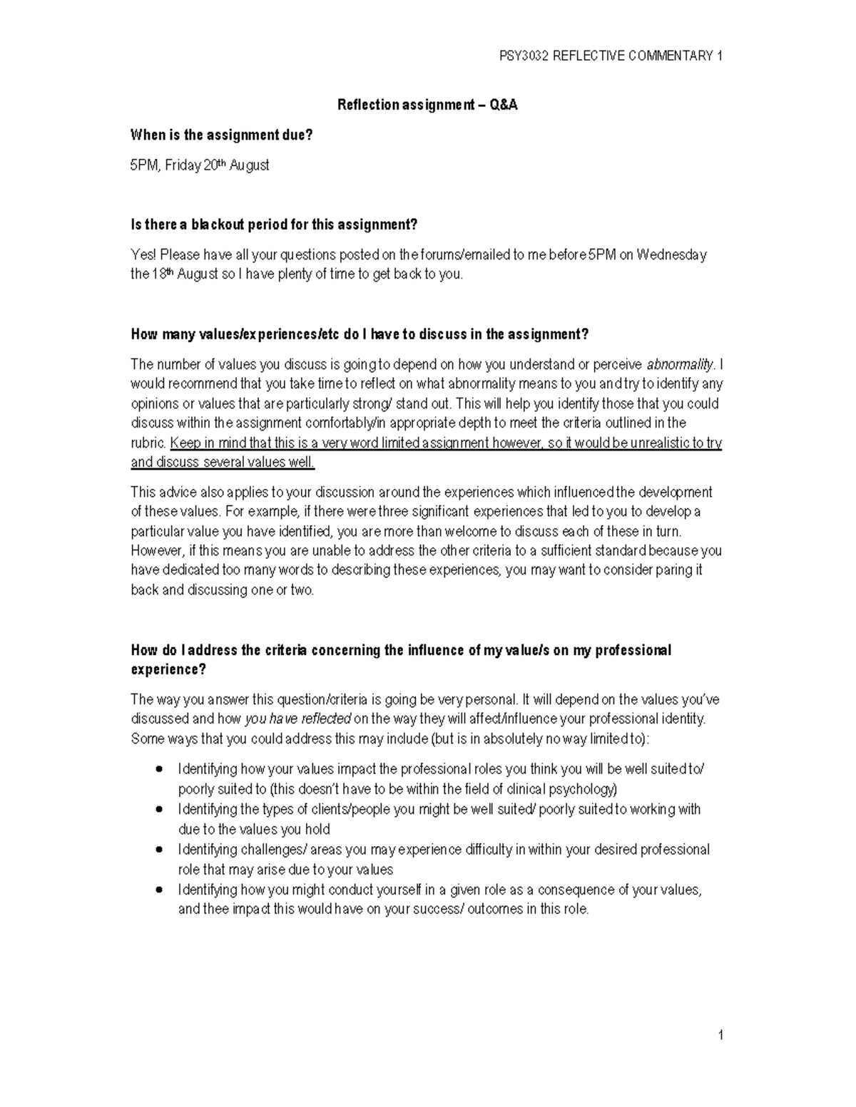 Reflection assignment QA - PSY3032 REFLECTIVE COMMENTARY 1 1 Reflection ...