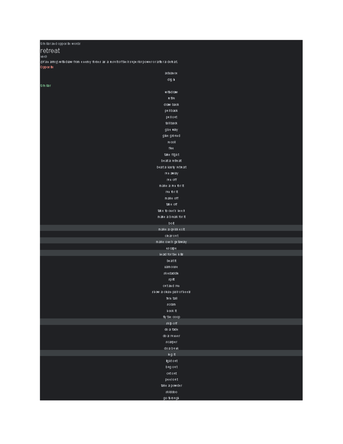 Similar and opposite words 6 - Similar and opposite words retreat verb ...
