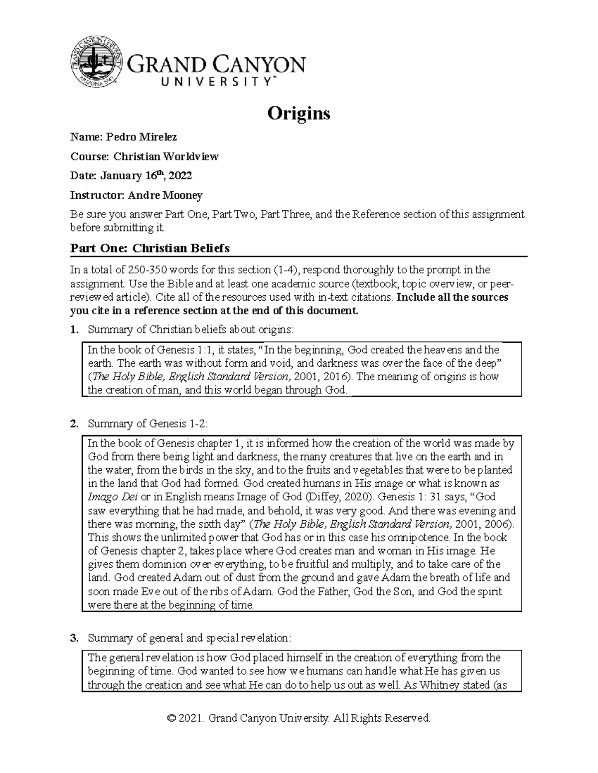 Origins Assignment 1 of Christian Worldview - Origins Name: Pedro ...