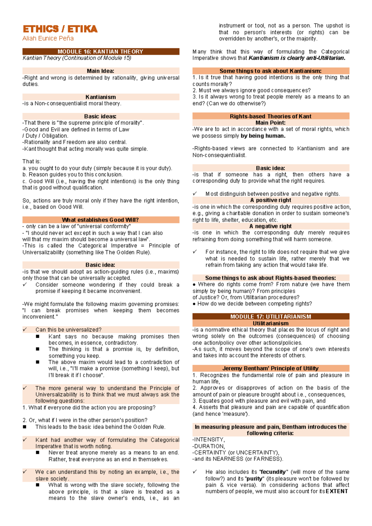 Lesson 16-18 - ETHICS / ETIKA Aliah Eunice Peña MODULE 16: KANTIAN ...