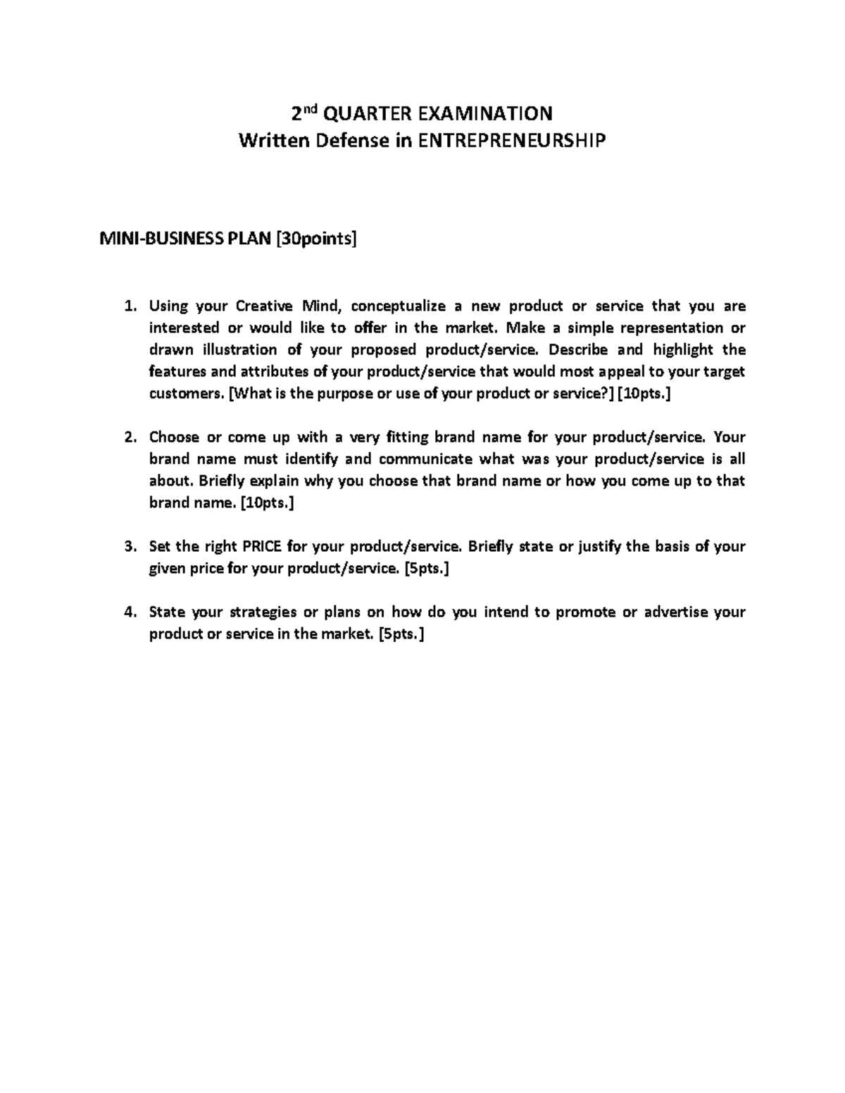 MINI Business PLAN 2nd Quarter EXAM - 2 ndQUARTER EXAMINATION Written ...