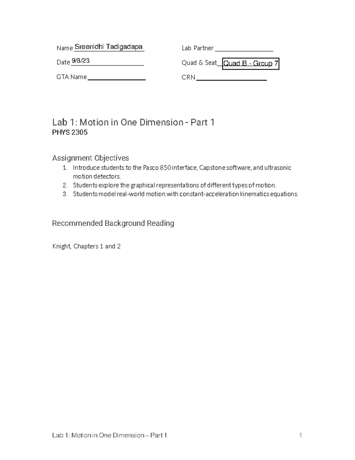 2305 - Lab 1 Copy - lab 1 - Name Sreenidhi Tadigadapa Date 9/8/ GTA ...