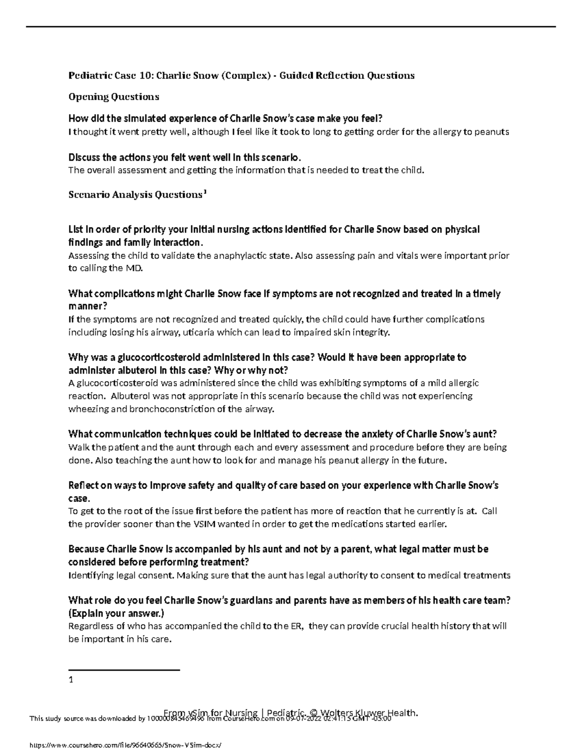 Snow VSim - N/A - Pediatric Case 10: Charlie Snow (Complex) - Guided ...