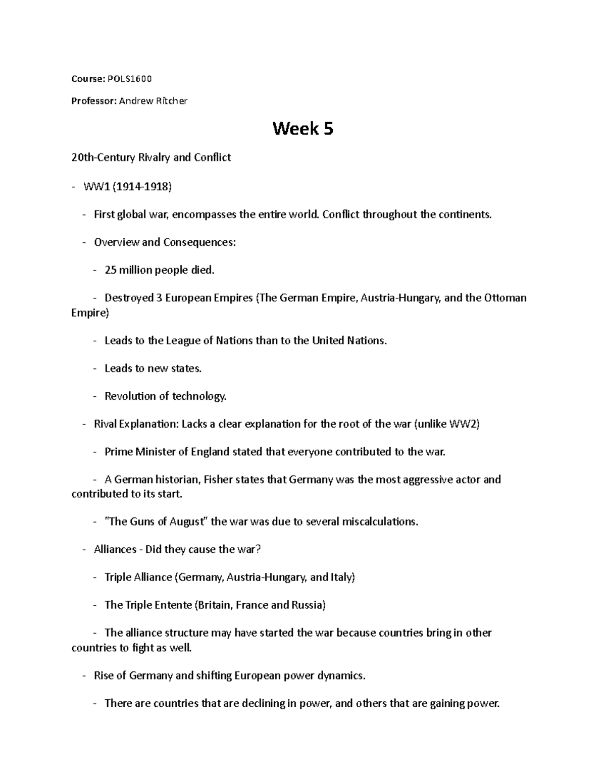 POLS1600 Week 5 b - First global war, encompasses the entire world ...