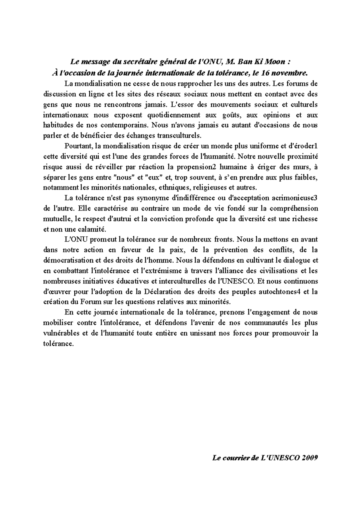 Le Message Du Secrétaire Général De Lonu M Ban Ki Moon Le Message