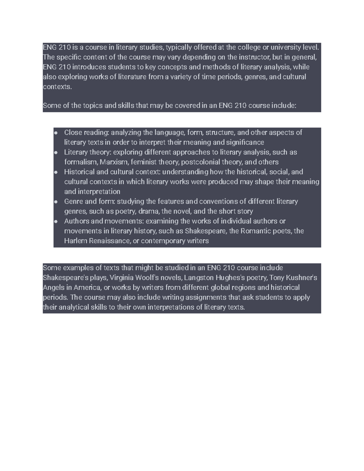 ENG210 Overview - ENG 210 is a course in literary studies, typically ...