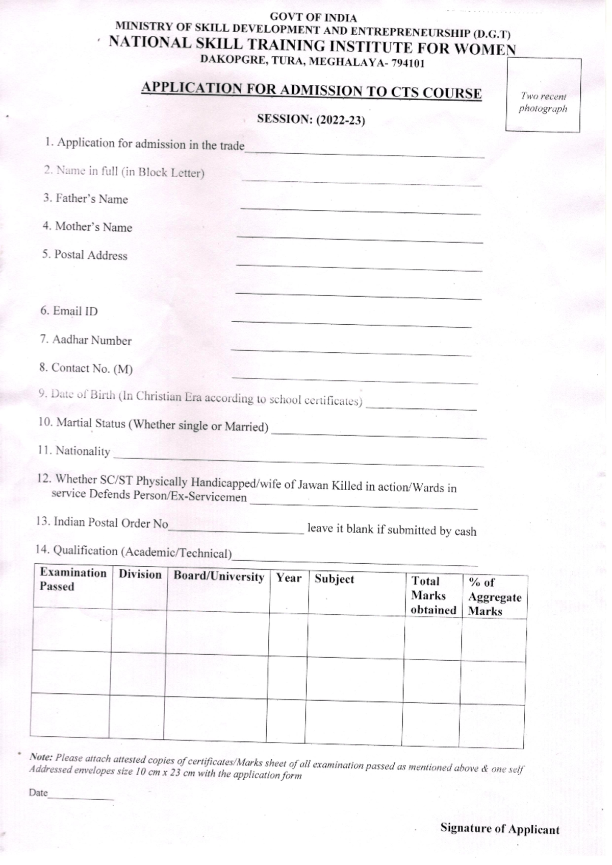 CTS admission Form & Prospectus-2022 - GOVERNMENT OF INDIA MINISTRY OF ...