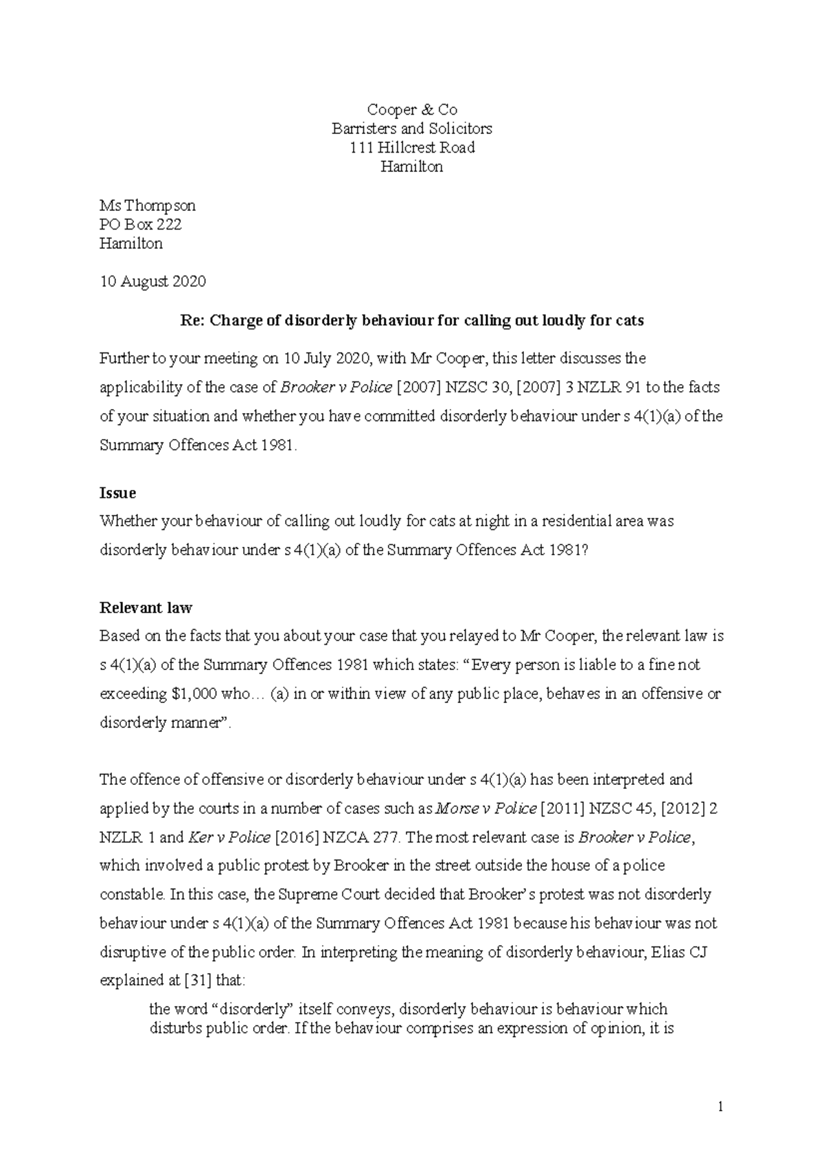 Sample legal opinion client letter (based on Thompson v Police) - 1 ...