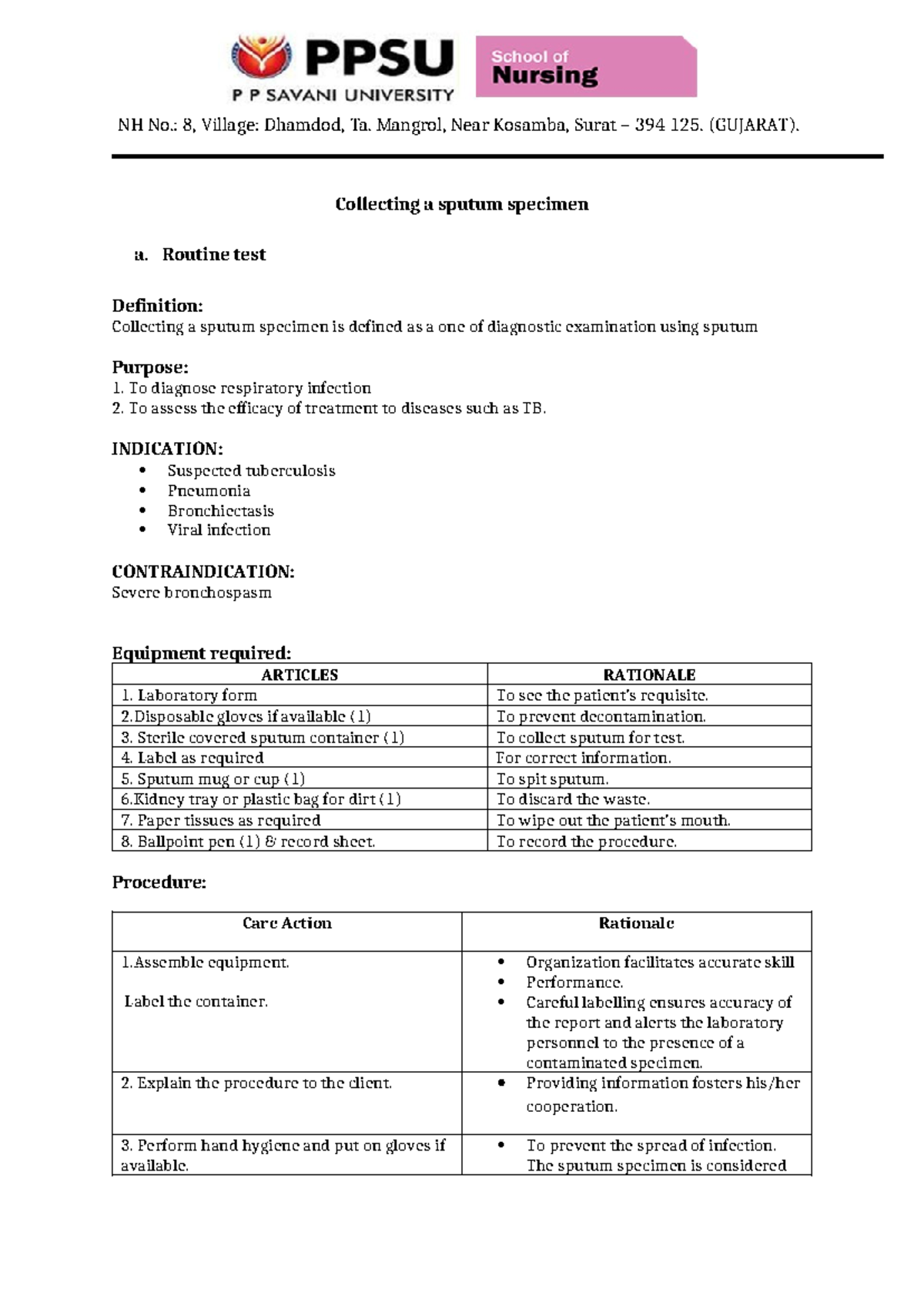 Sputum collection procedure - NH No.: 8, Village: Dhamdod, Ta. Mangrol ...