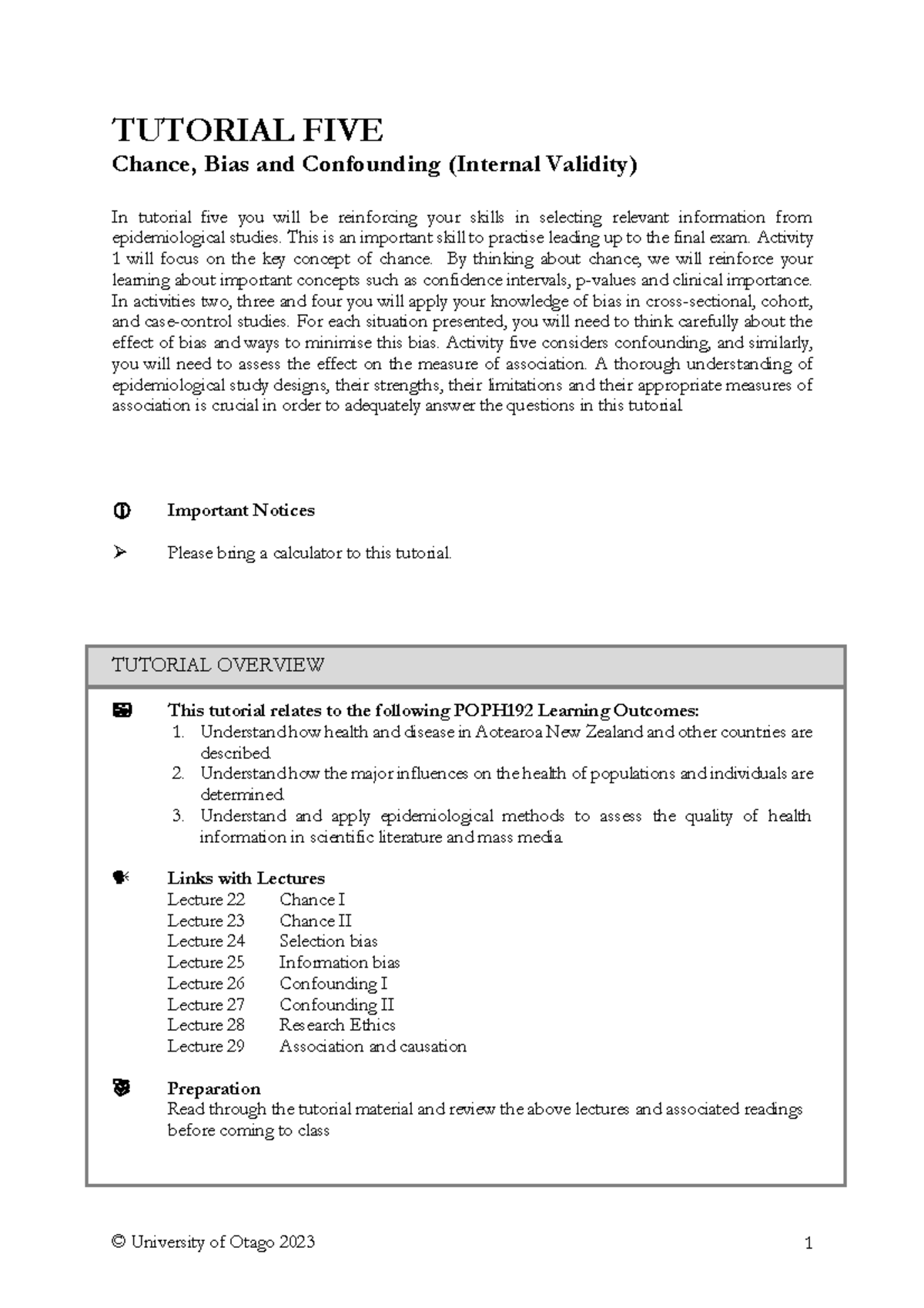 Tutorial 5 - Chance, Bias and Confounding (Internal Validity) - TUTORIAL FIVE Chance, Bias and ...