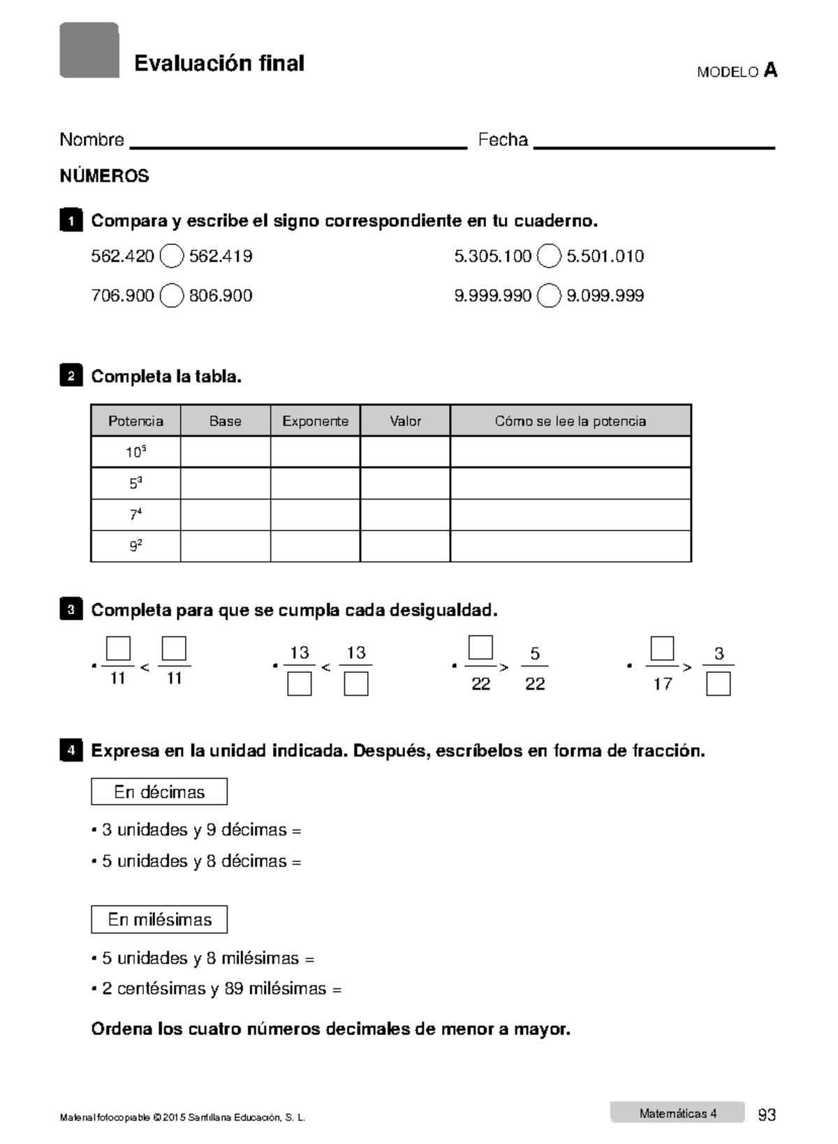 Examenes santillana saber hacer matematicas 4 primaria - MODELO A ...