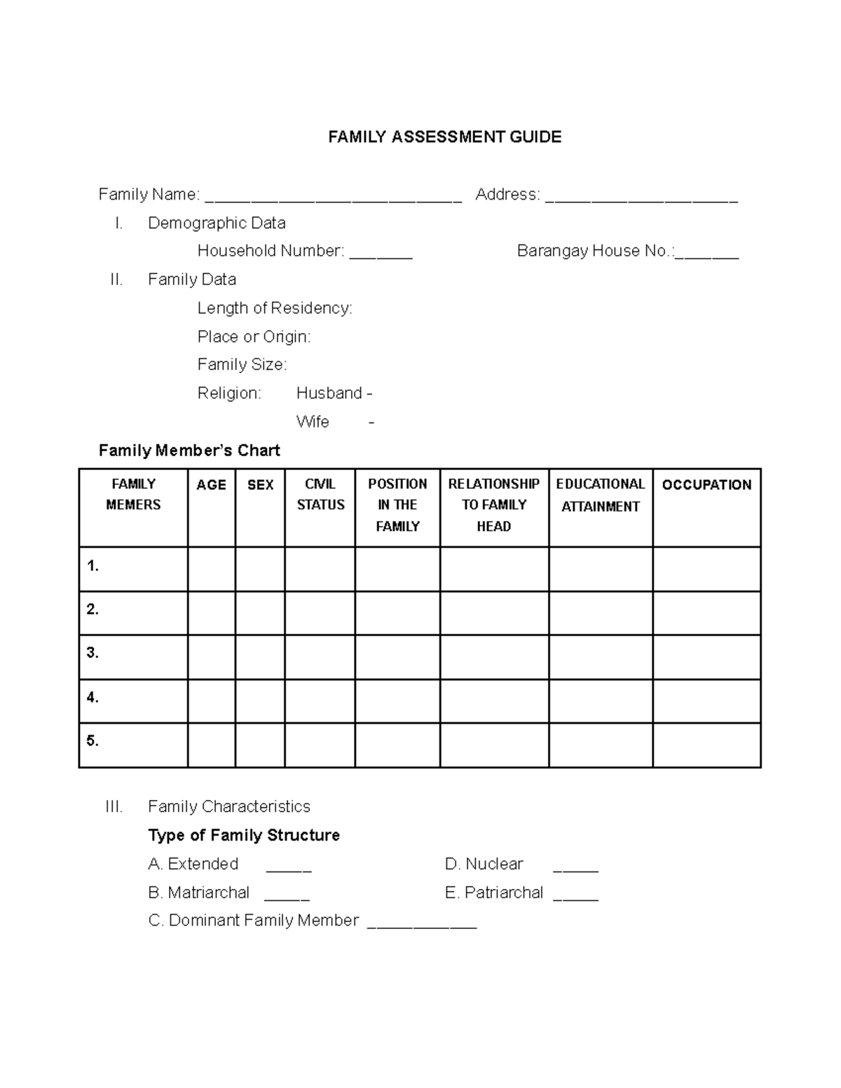 Family assessment guide questionaire - FAMILY ASSESSMENT GUIDE Family ...