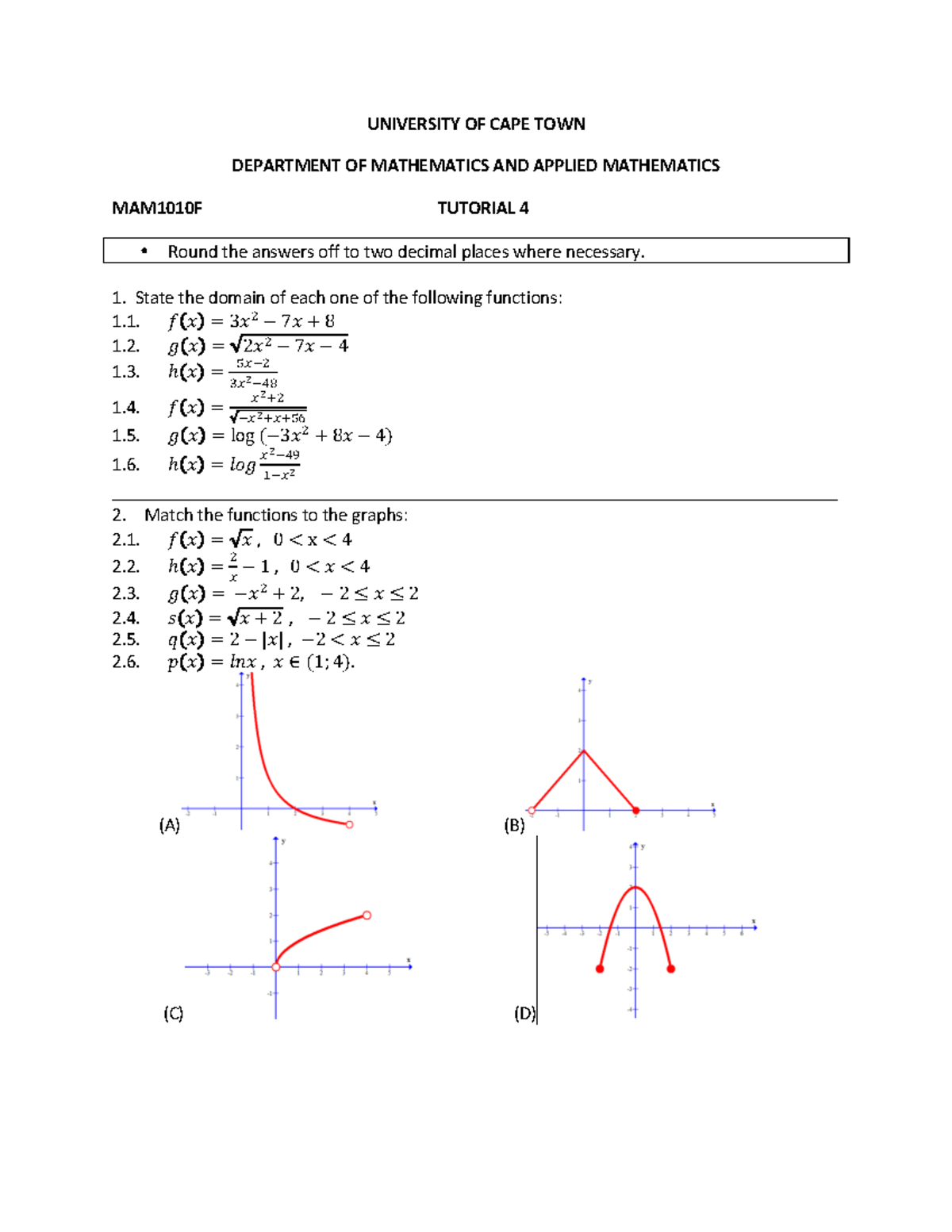 Tutorial+4 - MAM1010F Tutorial - UNIVERSITY OF CAPE TOWN DEPARTMENT OF ...