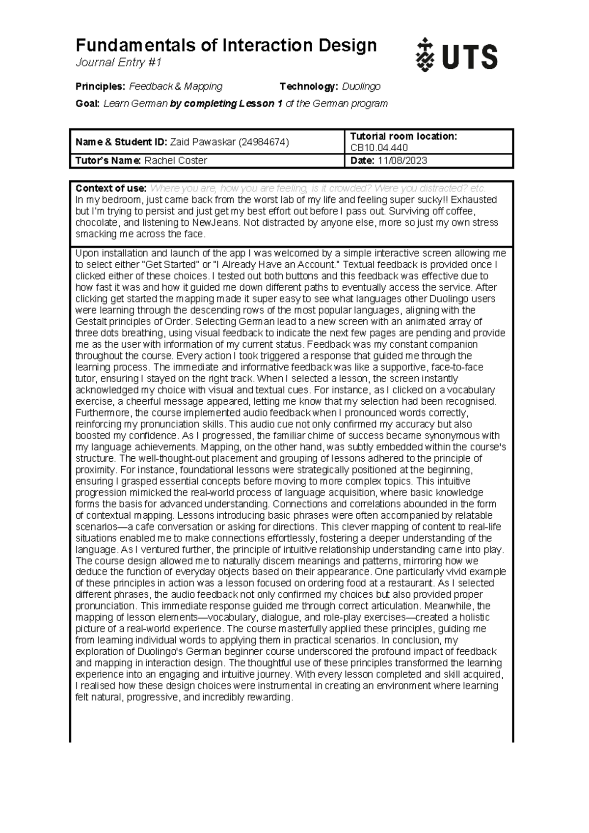 Journal Entry ZP Duolingo - Fundamentals of Interaction Design Journal ...