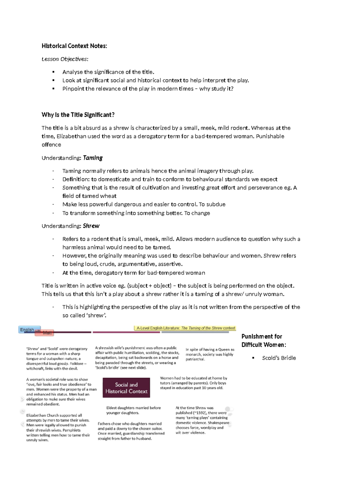 Taming of The Shrew - Notes - Historical Context Notes: Lesson ...
